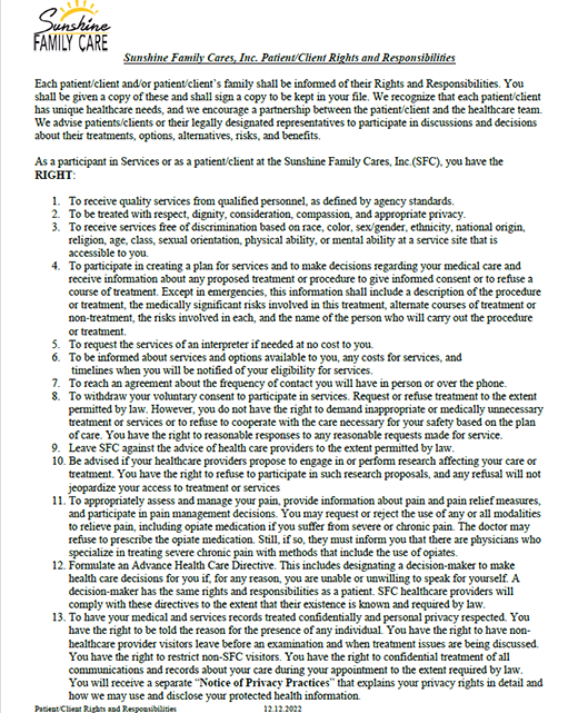 Sunshine Family Cares: Patient Forms