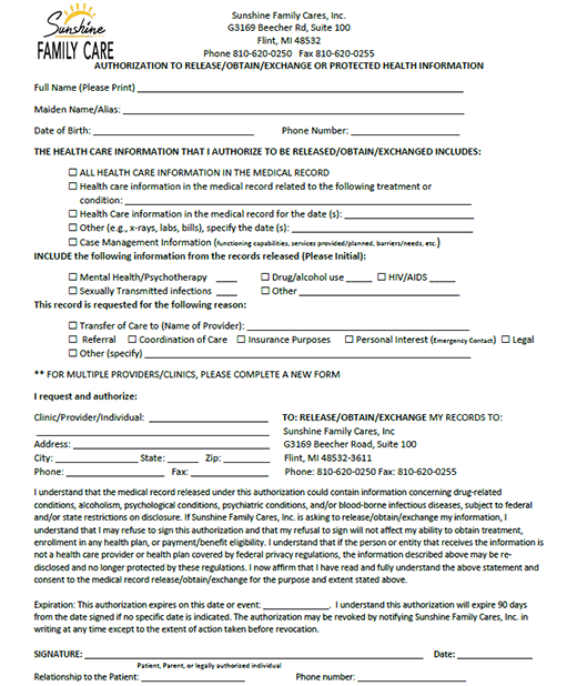 Sunshine Family Cares: Patient Forms